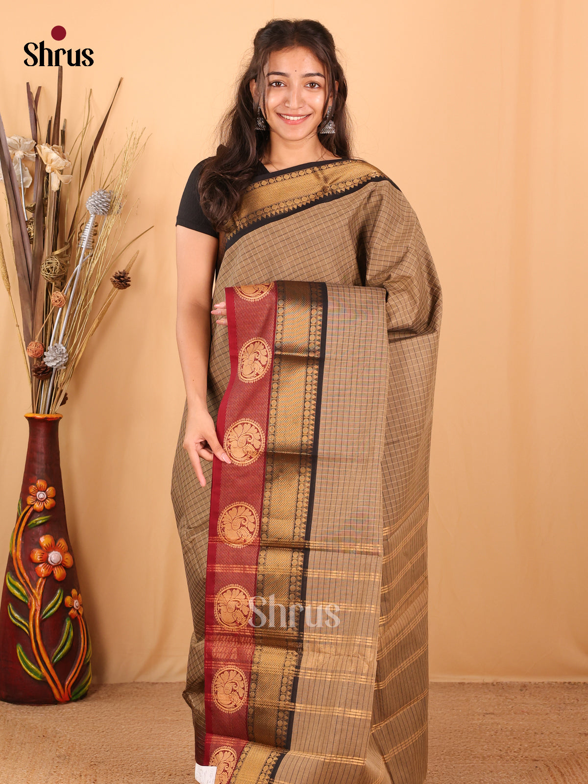 Lite Brown & Black - Chettinad Cotton Saree