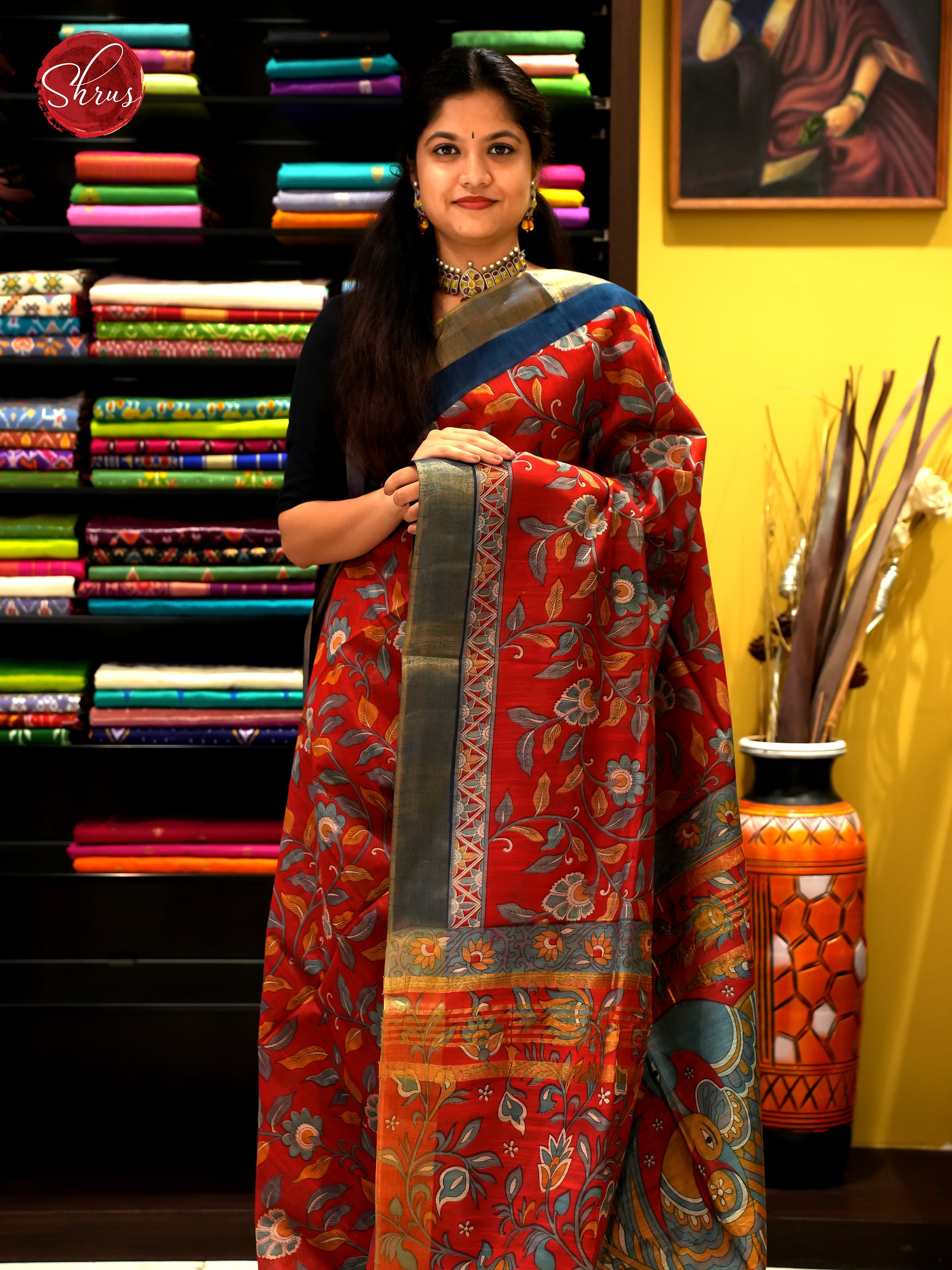 Red & Blue - Semi Chanderi Saree