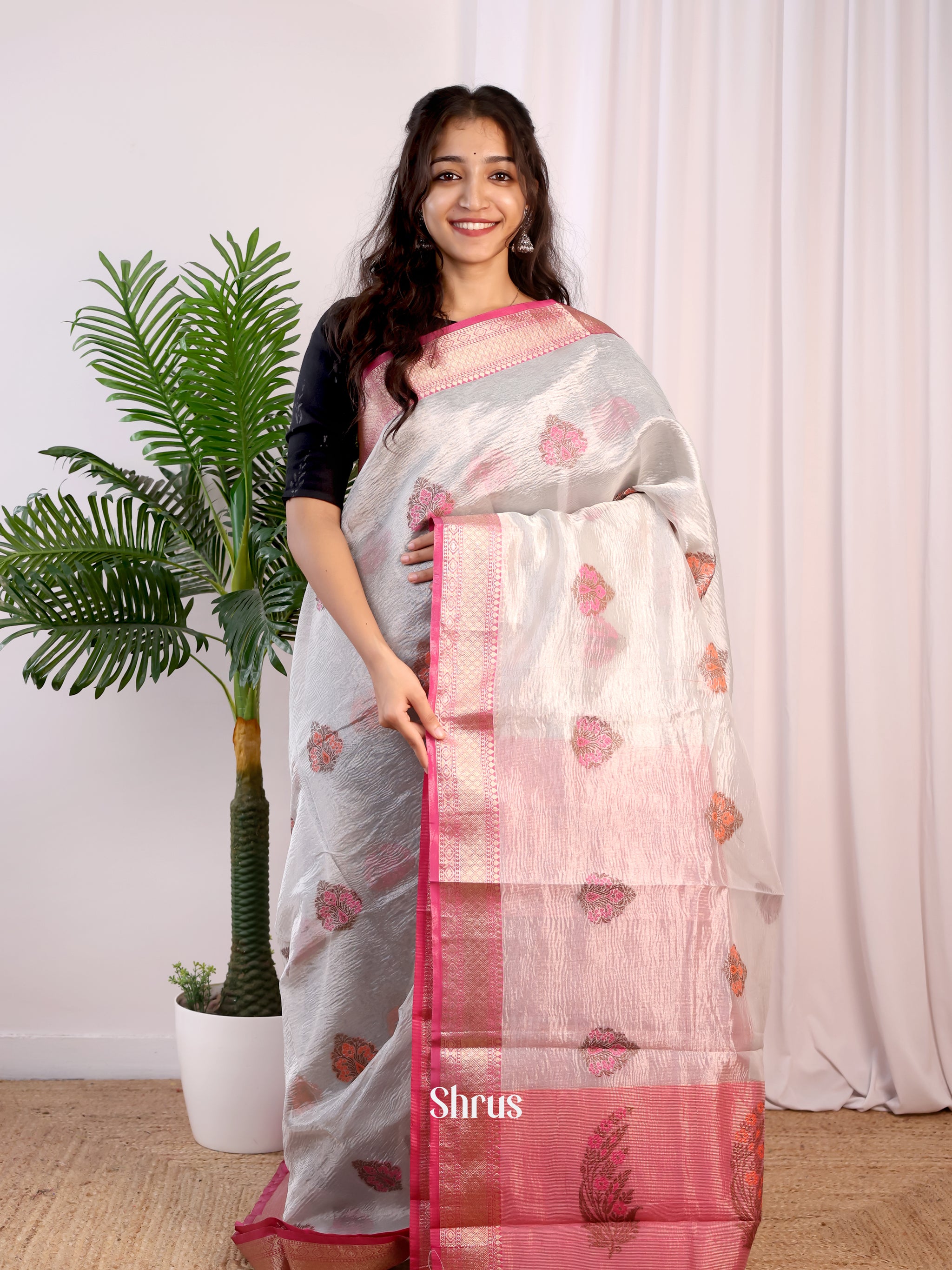 Grey & Pink - Bamboo silk Saree