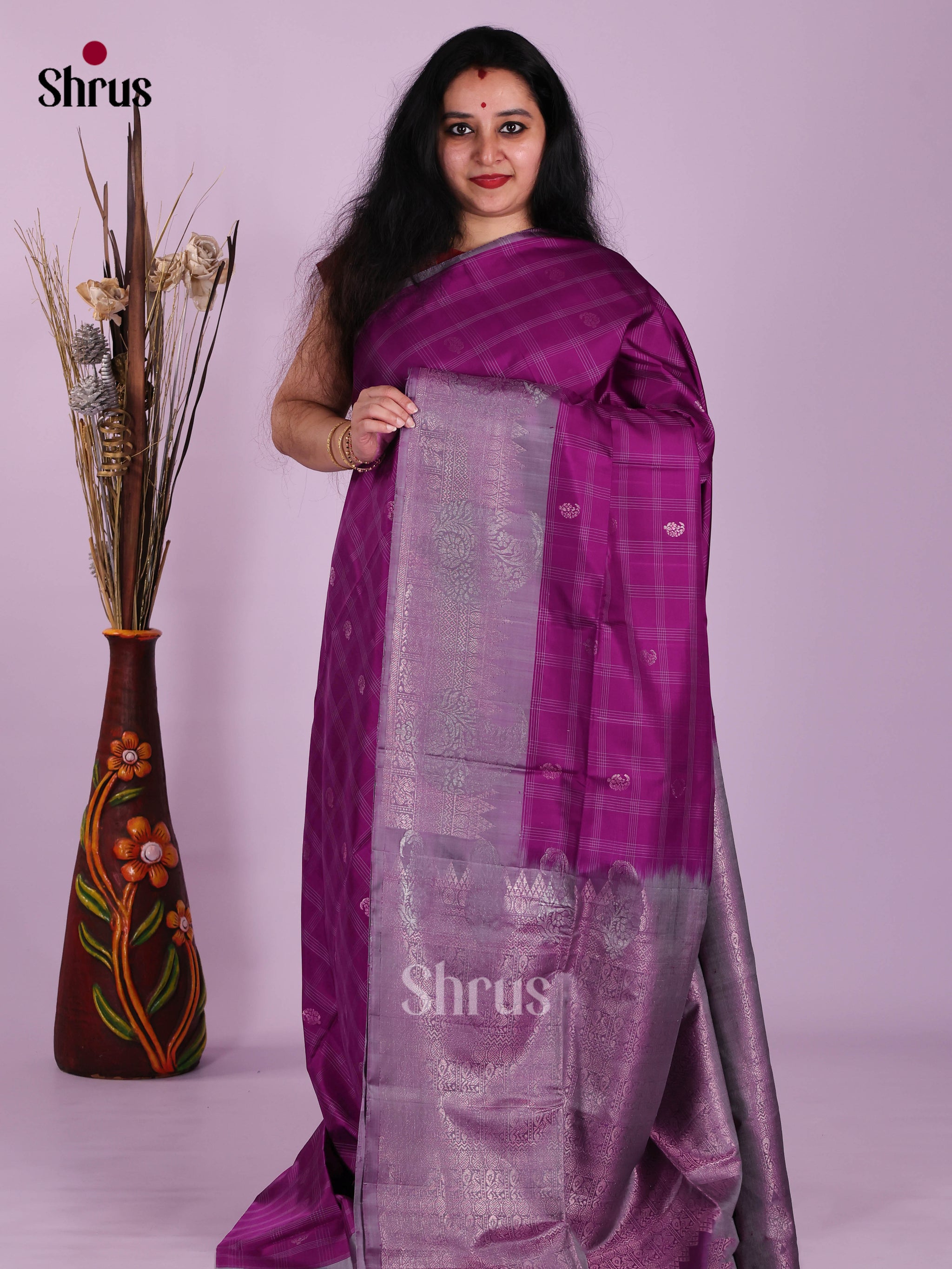 Buy Purple Soft Silk Saree With Gold Checks & Mango Buttas