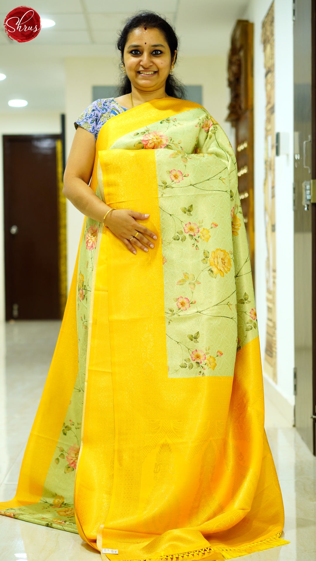 Light Green and Yellow - Semi Georgette Saree