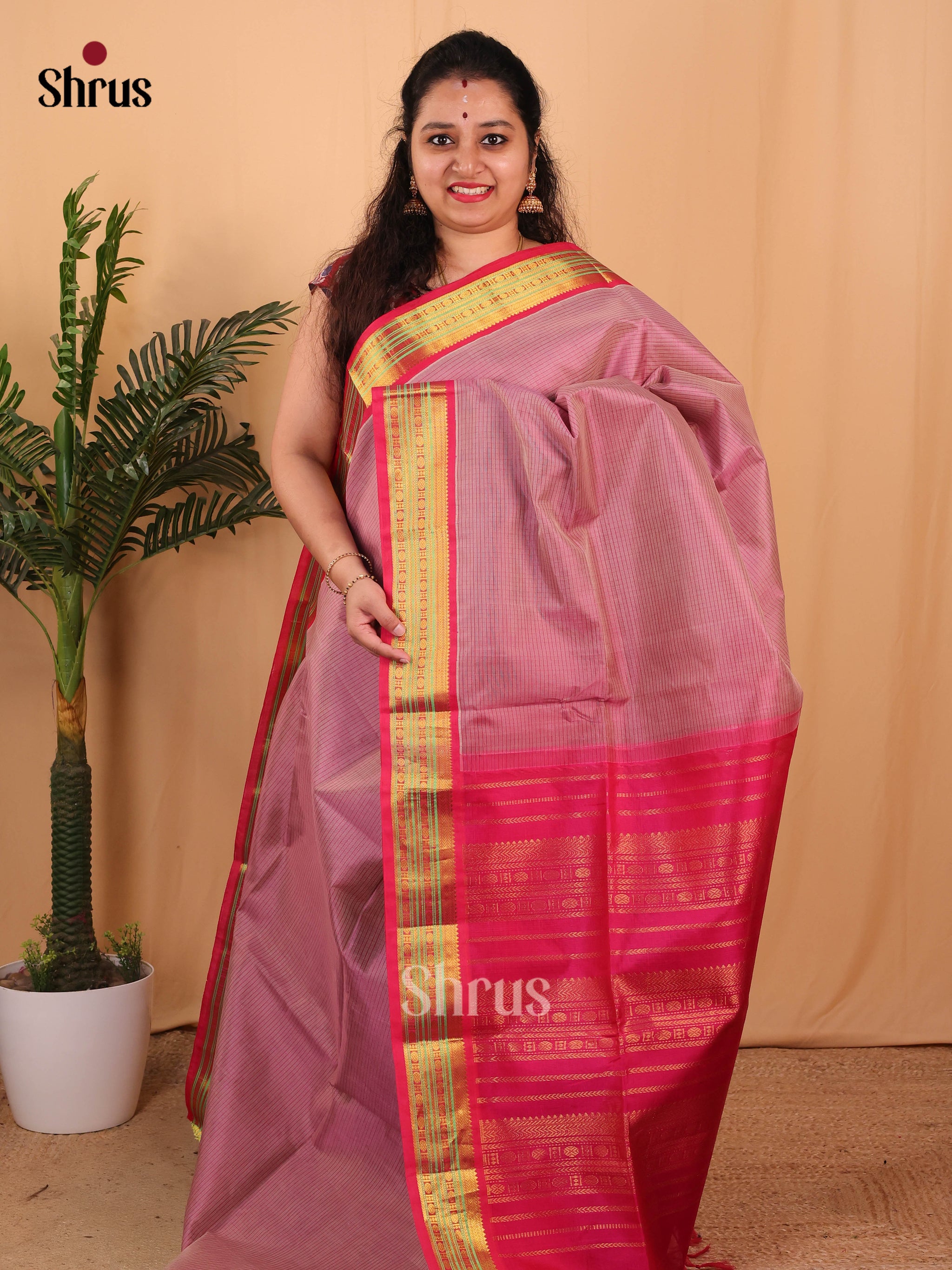 Onion Pink And Pink Silk Cotton Saree With Subtle Stripes Throughtout