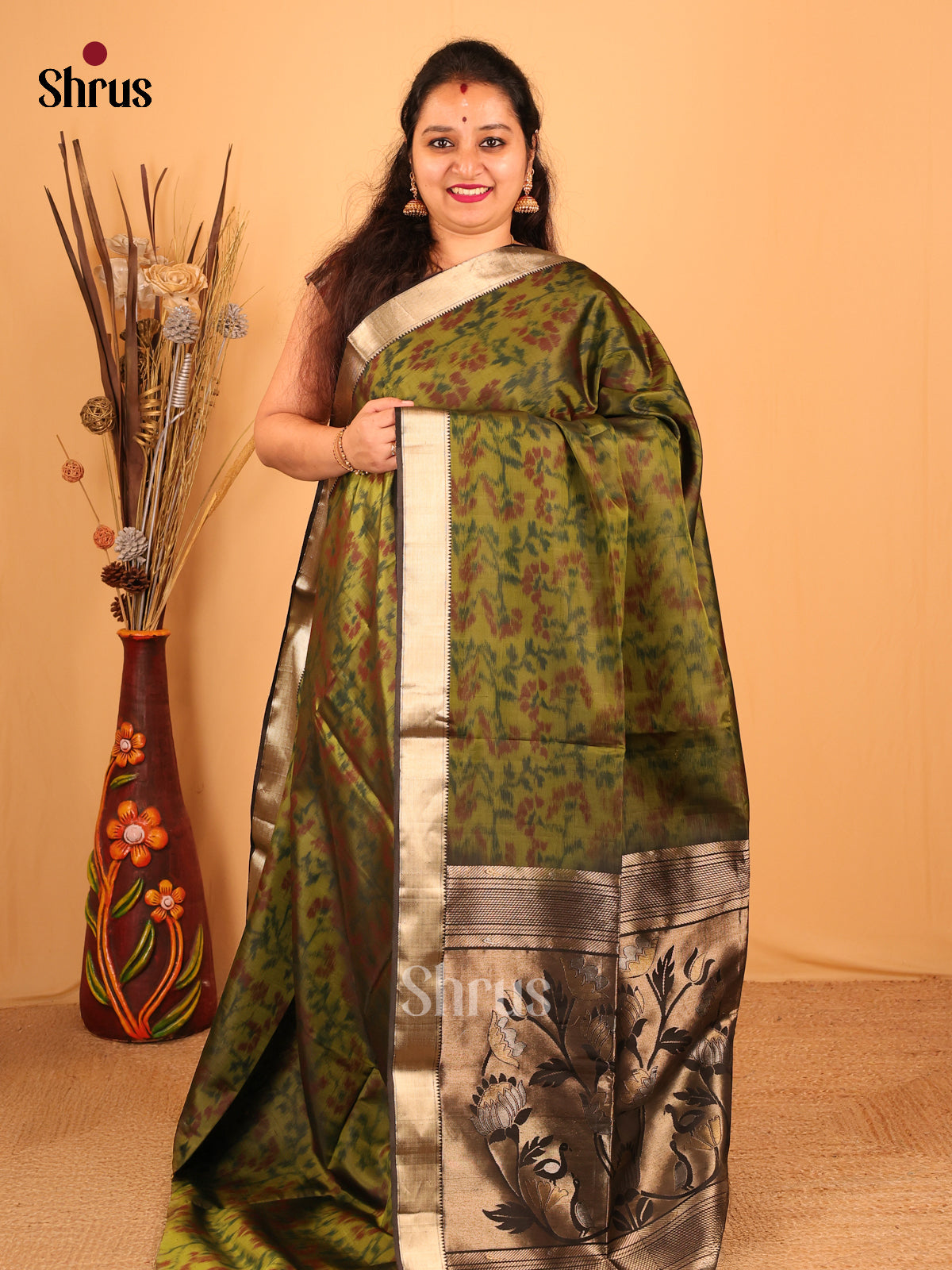 Green Soft Silk Saree With Pochampally Design | Shrus