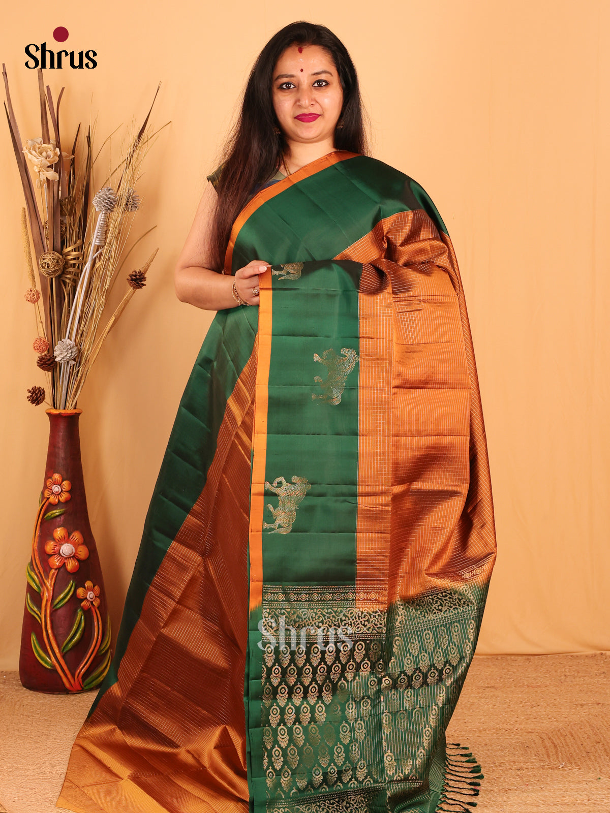 Rust & Green- Soft silk Saree