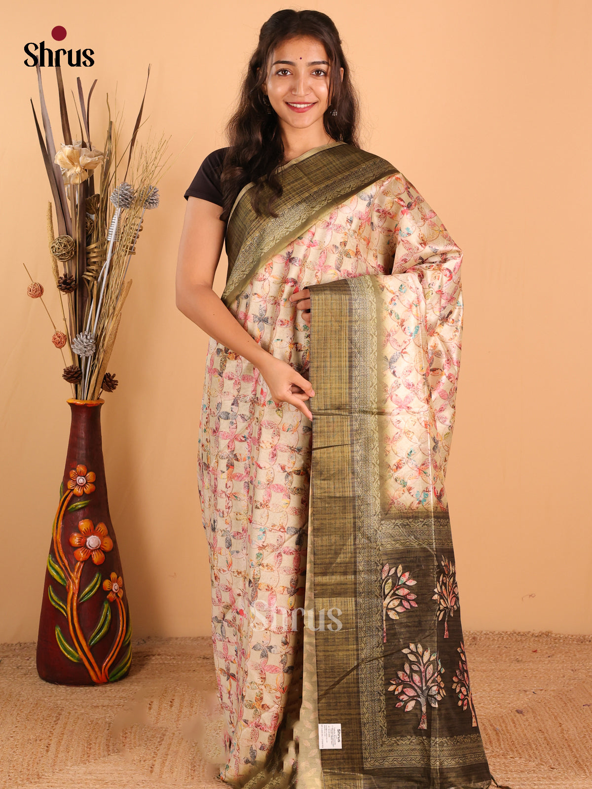 Dark Cream & Army Green - Champa Semitussa Saree - DCS11284