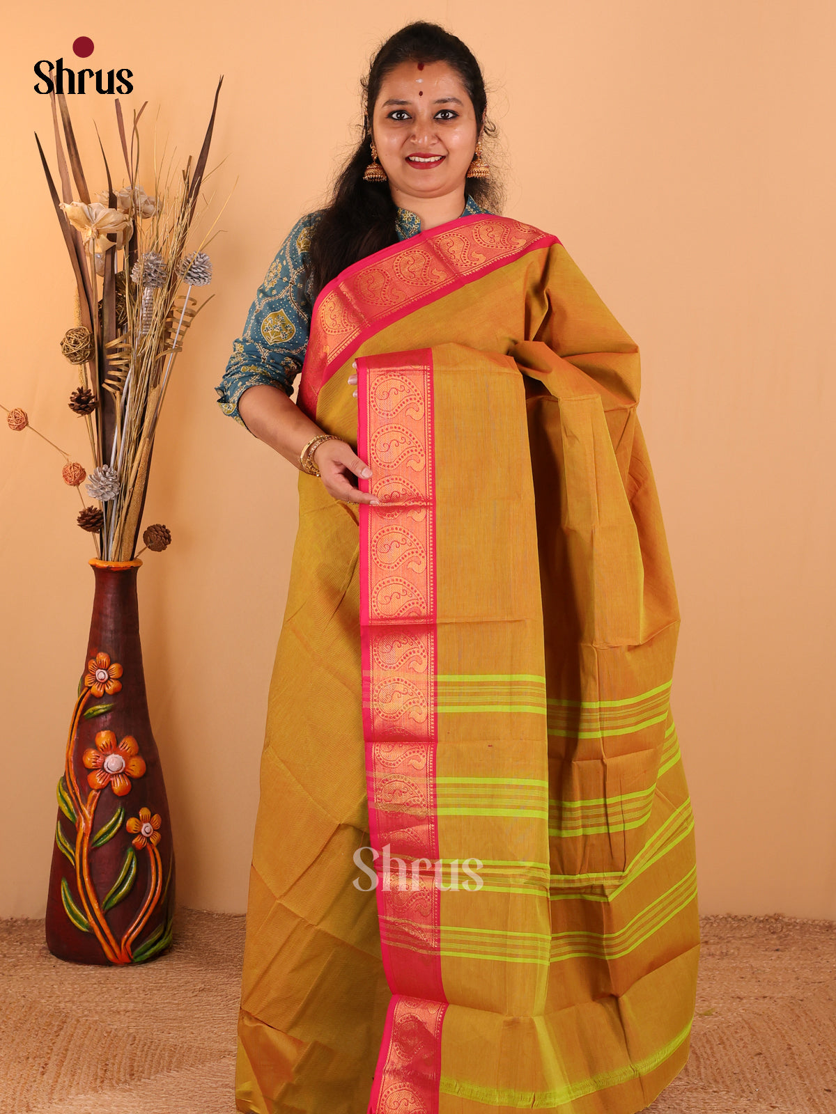 Dual Tone LIme yellow with Pink - Chettinad Cotton saree - DDS09084