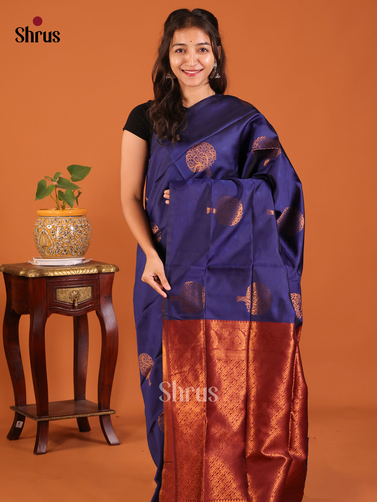 Dark Blue Semisoft silk Saree with zari woven tree motifs, borderless
