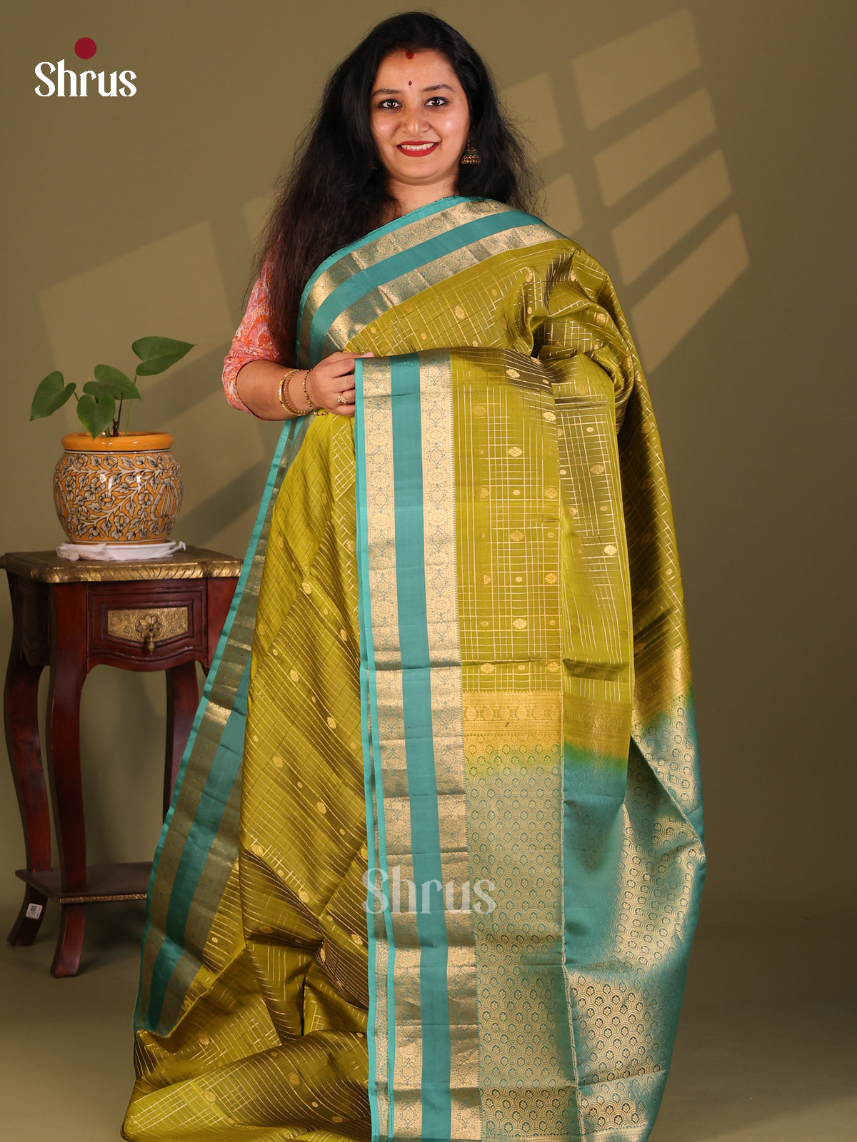 Olive green & Green Soft Silk Saree | Vaira Oosi Checks
