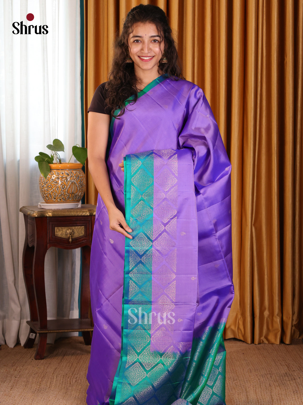 Purple & Green Soft Silk Saree With Zari Buttas | Shrus