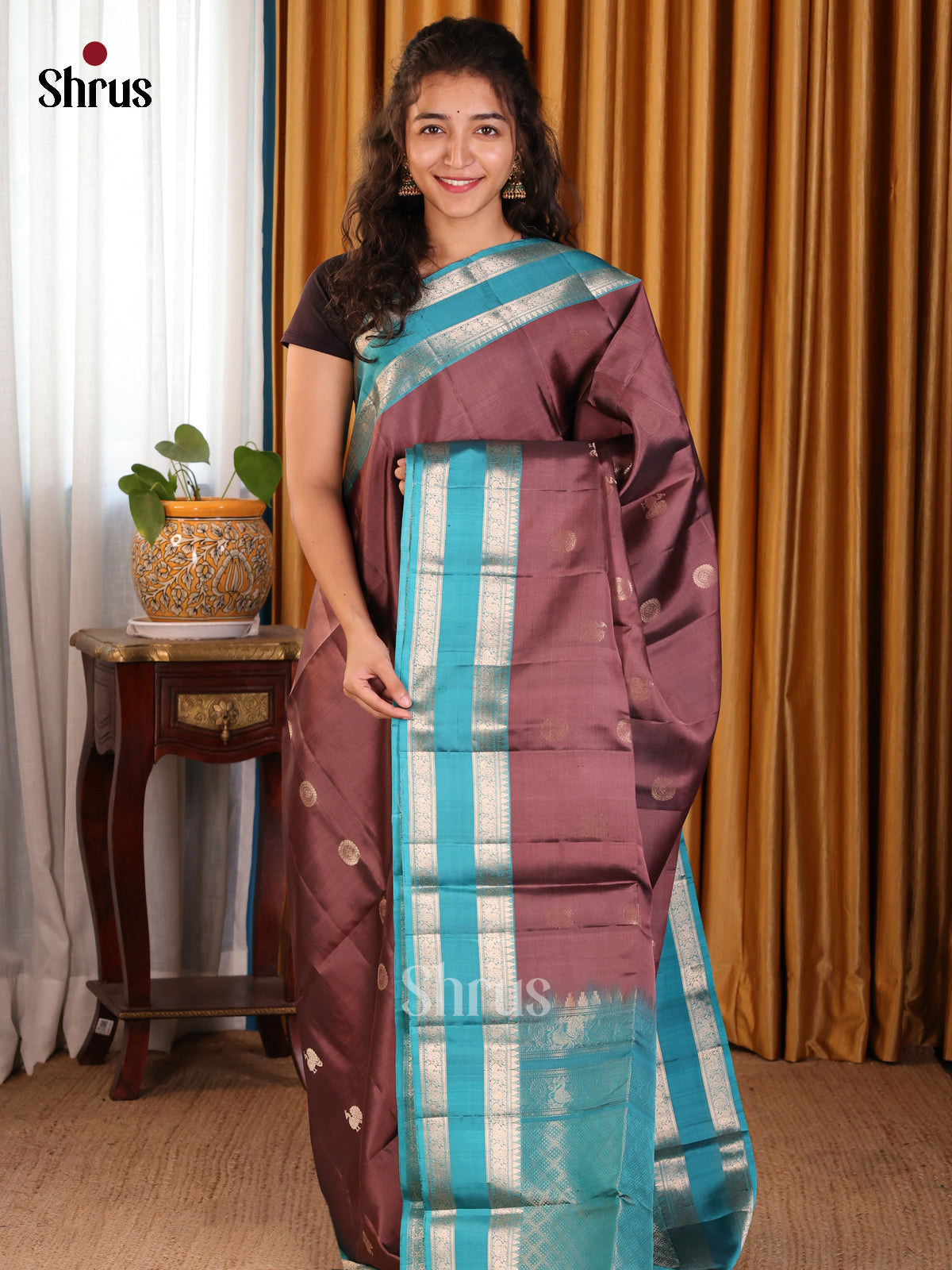 Brown & Teal Soft Silk Saree | Chakra Buttas | Shrus