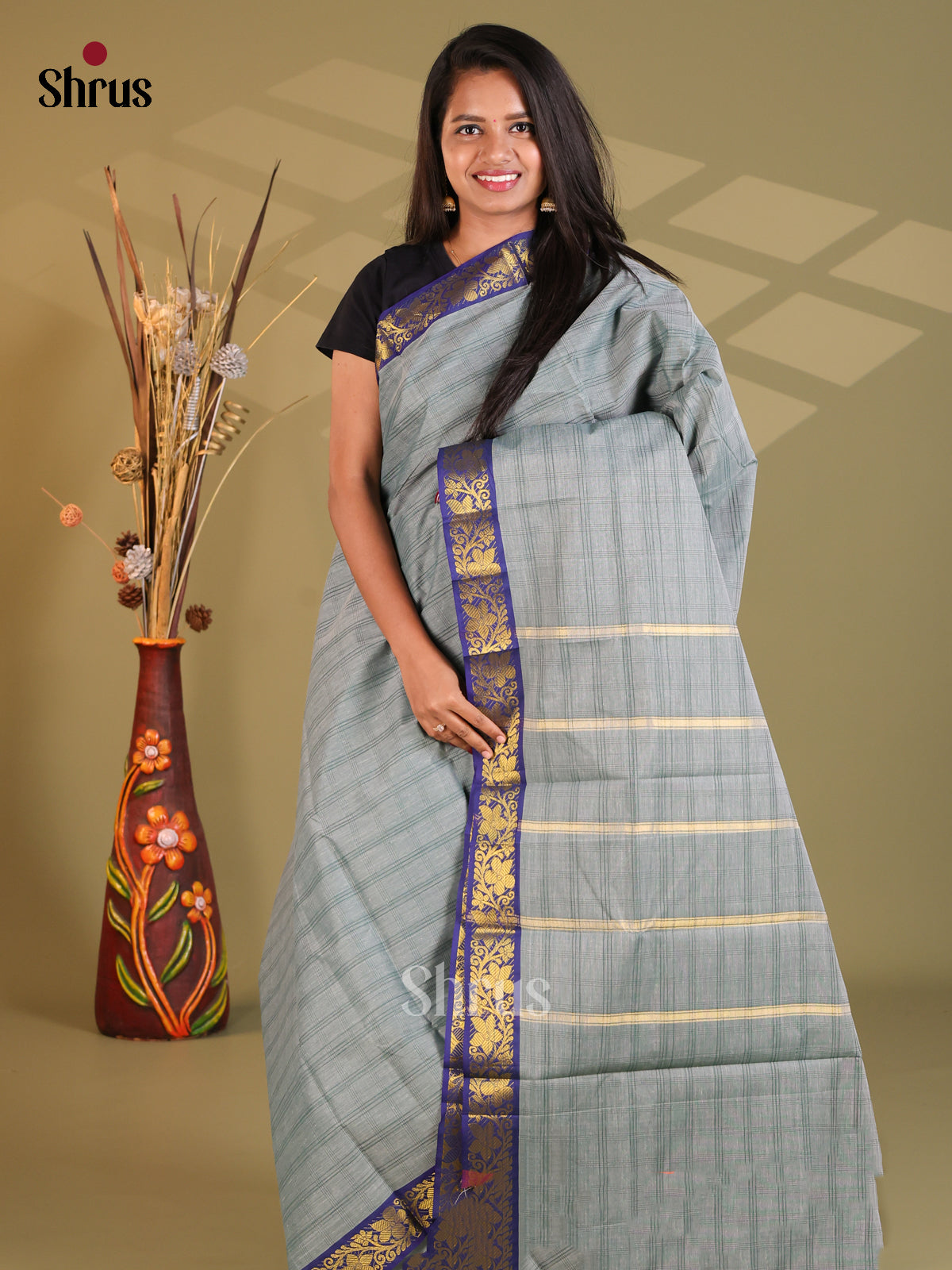 Grey & Blue - South Cotton Saree