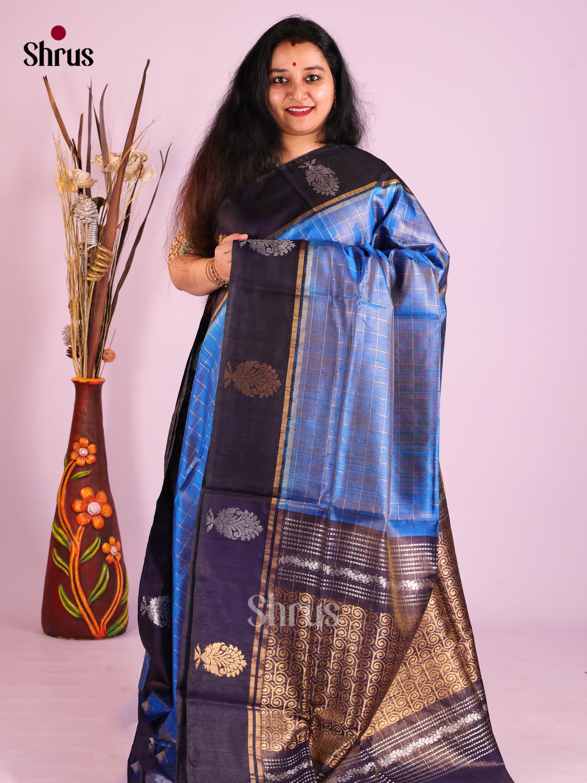 Buy Blue & Navy Blue Raw Silk Saree Online | Shrus