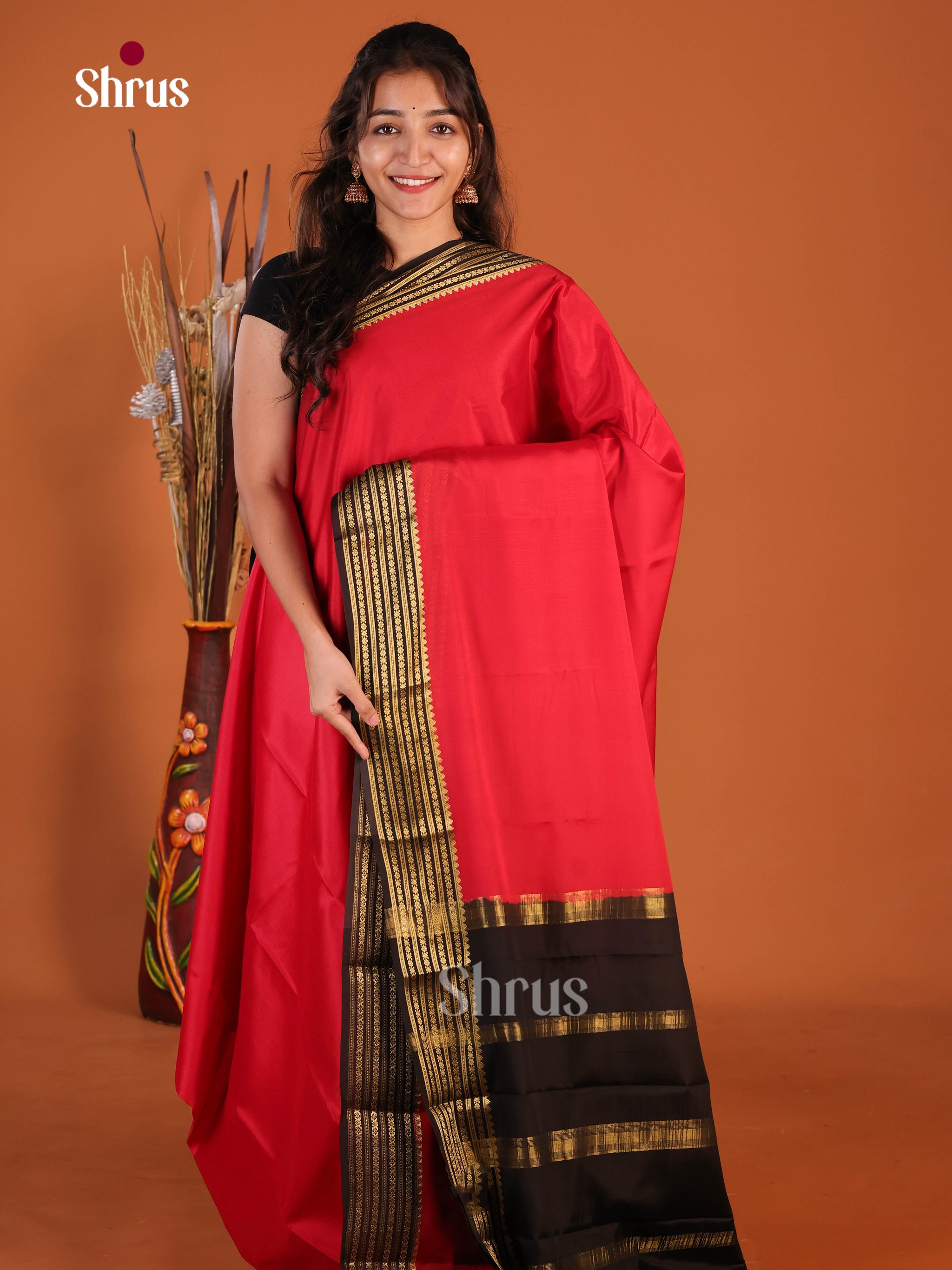 Buy Red Mysore Crepe Silk Saree With Black Zari Pallu