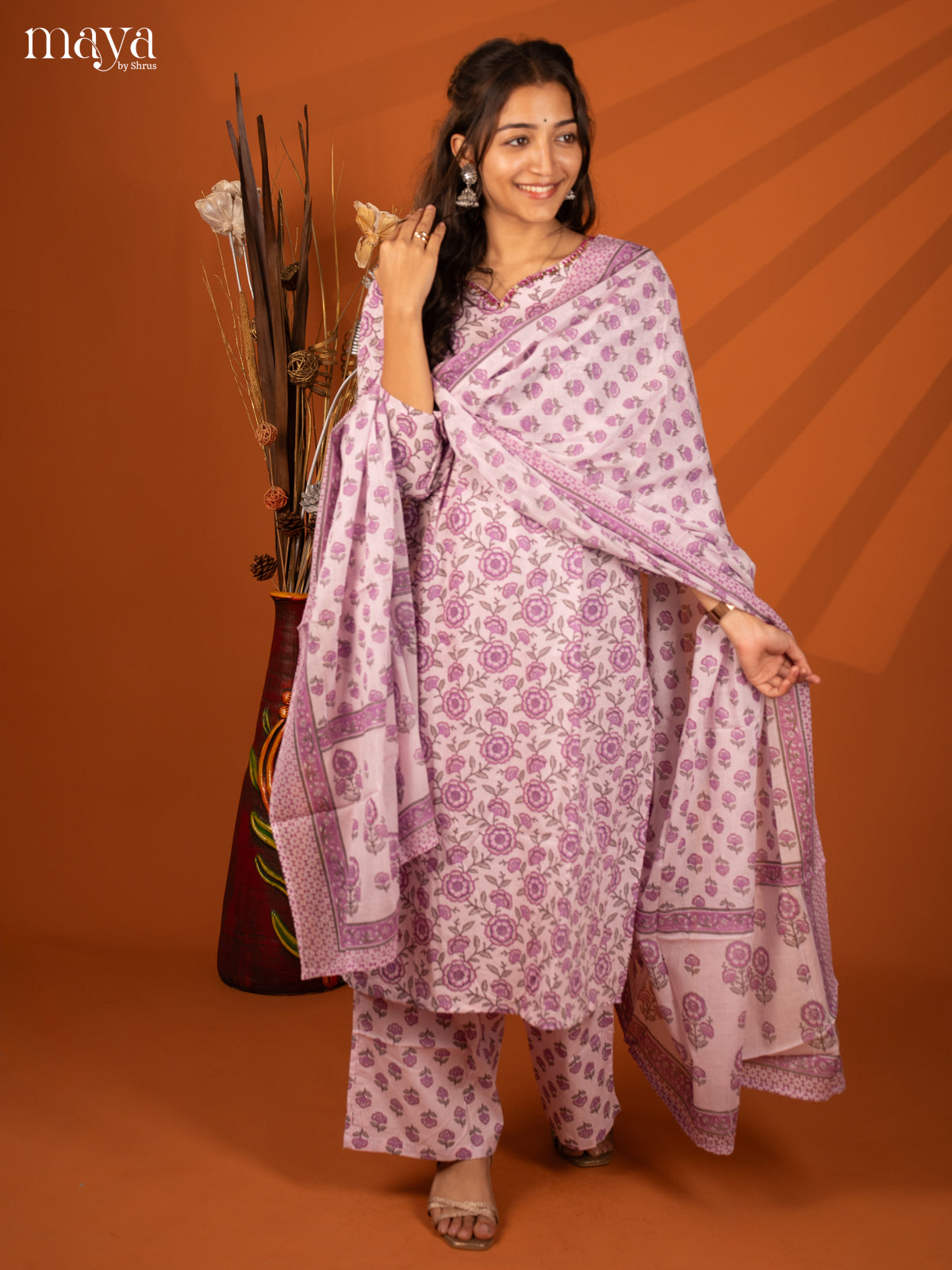 Lavender Cotton 3Pc Salwar Suit With Floral Print - Top, Bottom & Dupa