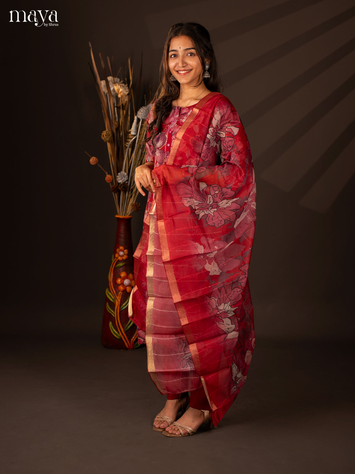 Red Rayon 3 Pc Printed Salwar suit -Top, Bottom & Dupatta