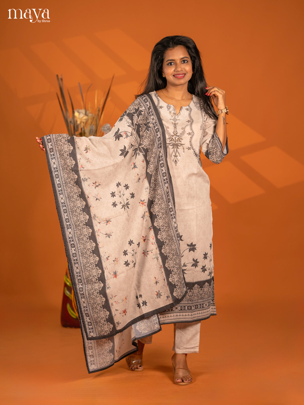Grey Mul Cotton 3pc Salwar Suit with Floral Print - Top, Bottom & Dupa
