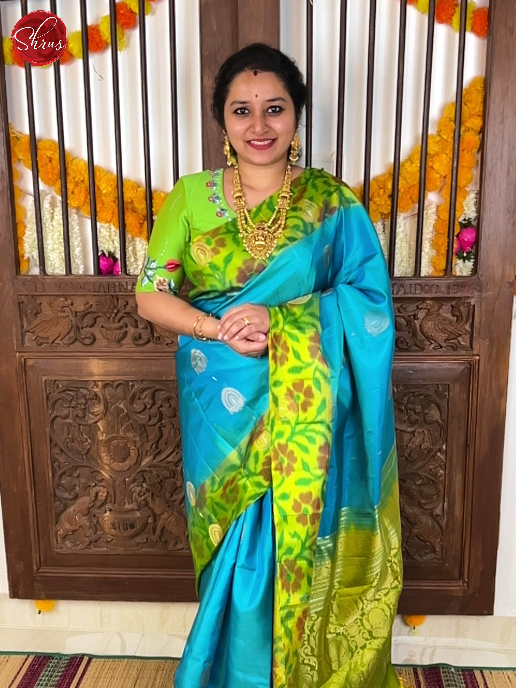 Teal & Parrot Green - Soft Silk Saree with Ikkat Print on both borders