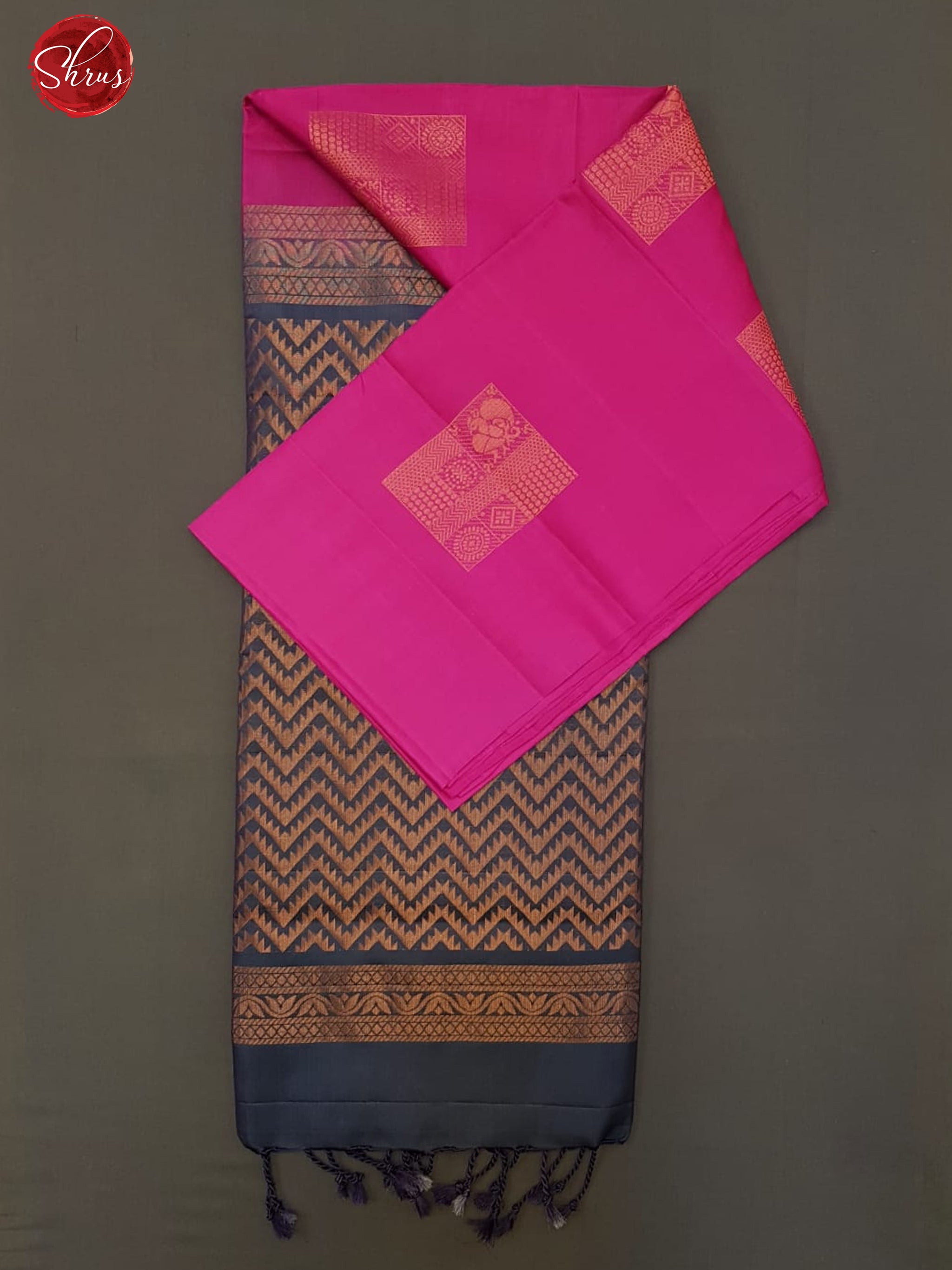 Pink & Blue(Half Pure) - Borderless with zari woven block motifs on th
